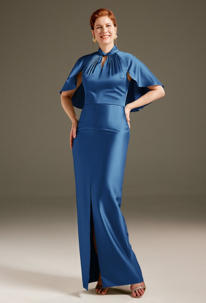 AW Penrose Dress, Navy Satin Charmeuse Ankle Length Straight Neckline Mother of the Bride ...